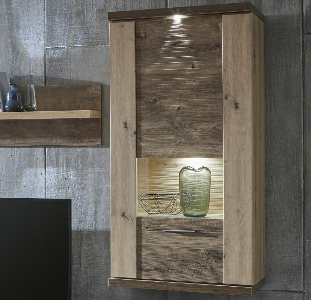 Závěsná vitrína Grande, dub artisan/dub ribbeck, s osvětlením, pravá ...