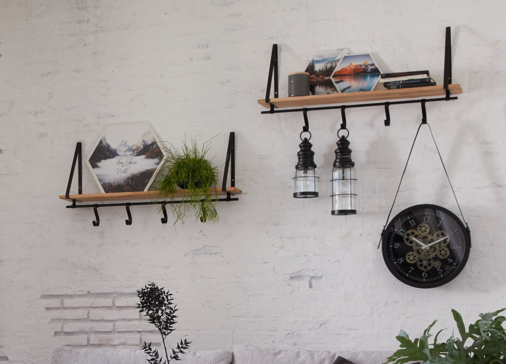 Nástěnná police s háčky Missouri, kov/dřevo | ASKO - NÁBYTEK