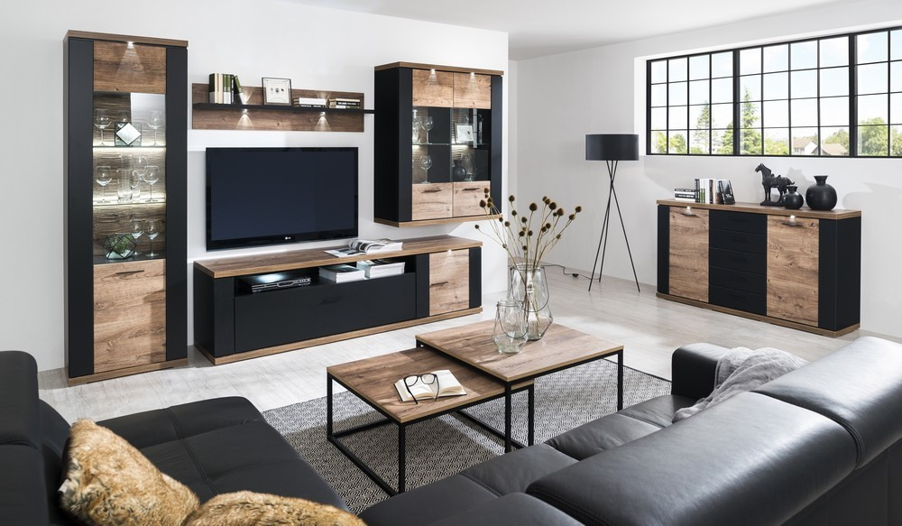 Široká komoda Boston, černá/dub ribbeck, s osvětlením | ASKO - NÁBYTEK