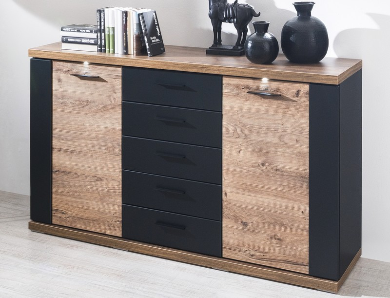 Široká komoda Boston, černá/dub ribbeck, s osvětlením | ASKO - NÁBYTEK