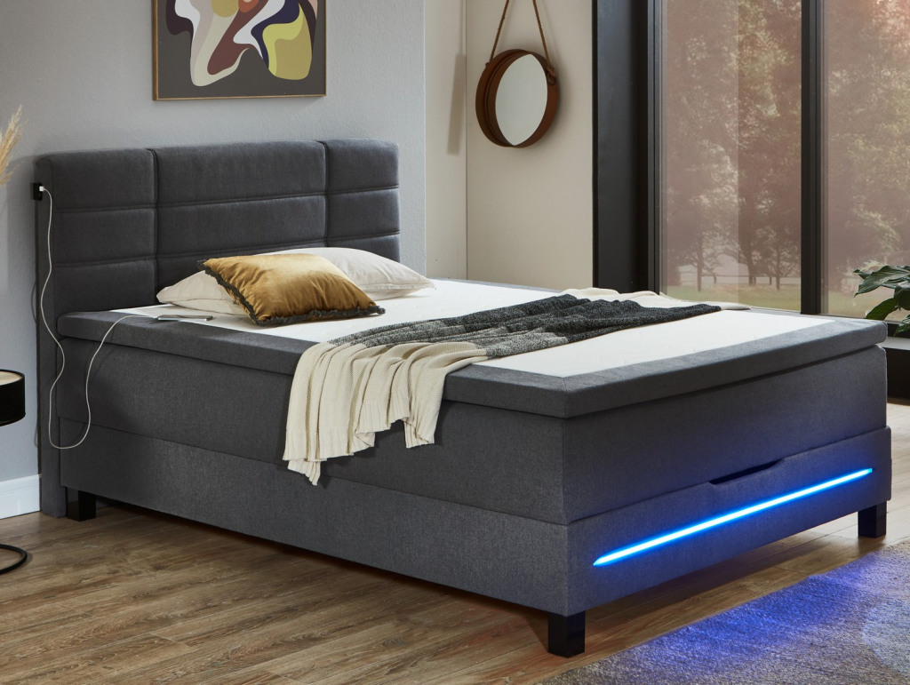 Postel boxspring s osvětlením Jefferson 140x200 cm, antracitová látka ...