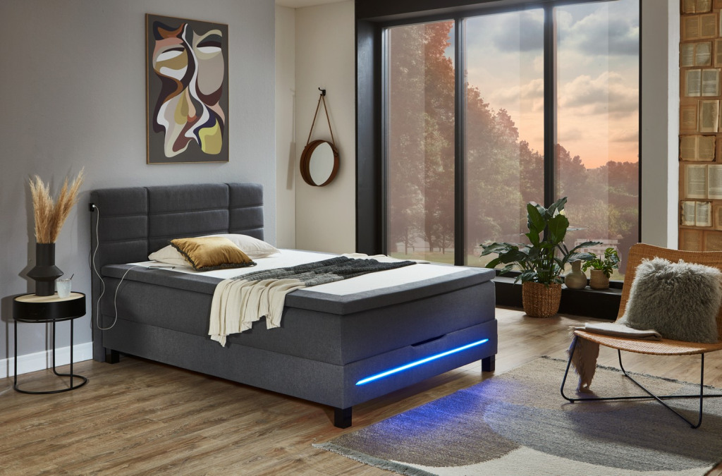 Postel boxspring s osvětlením Jefferson 140x200 cm, antracitová látka ...